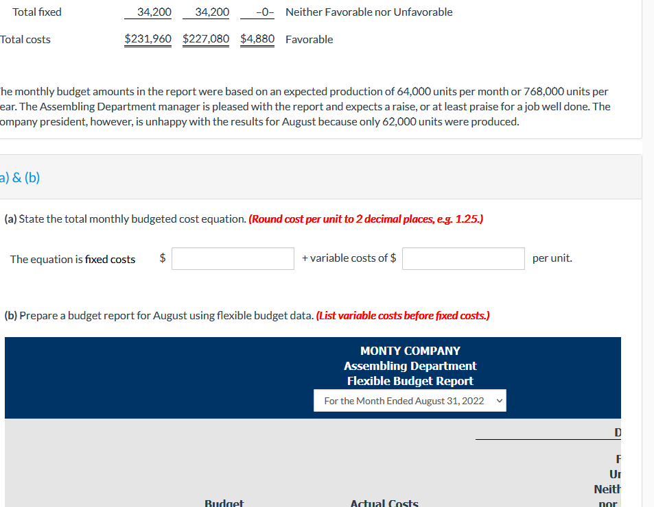 Solved MONTY COMPANY Budget Report Assembling Department For | Chegg.com