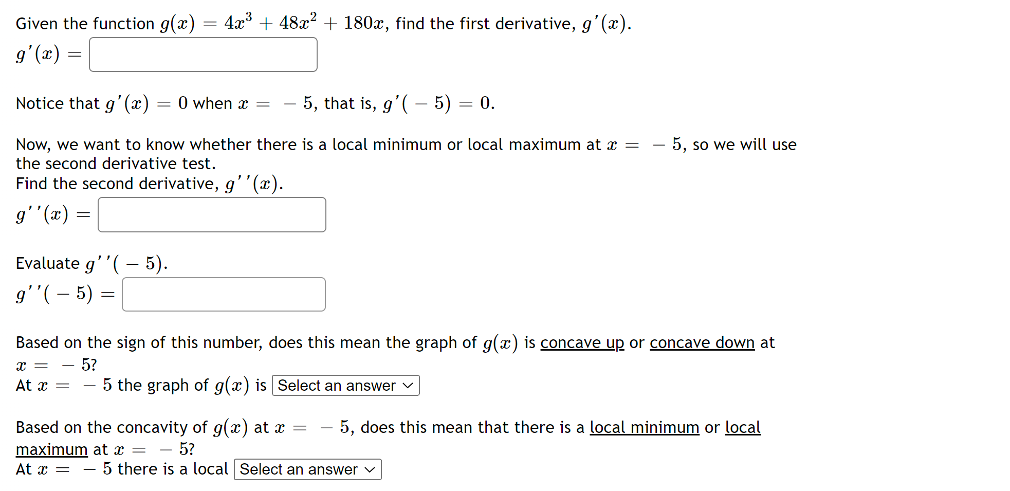 Solved Given the function g(x) = 4x³ + 48x² + 180x, find the | Chegg.com