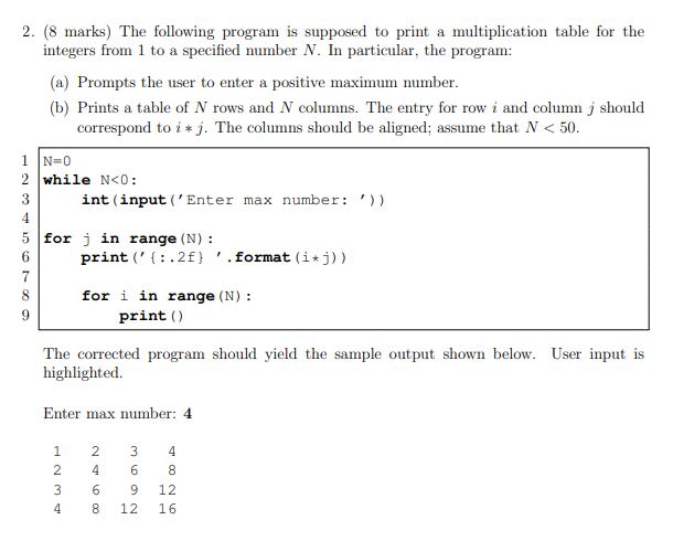 Solved 2. (8 marks) The following program is supposed to | Chegg.com