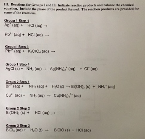 Solved III. Reactions for Groups I and II: Indicate reaction | Chegg.com