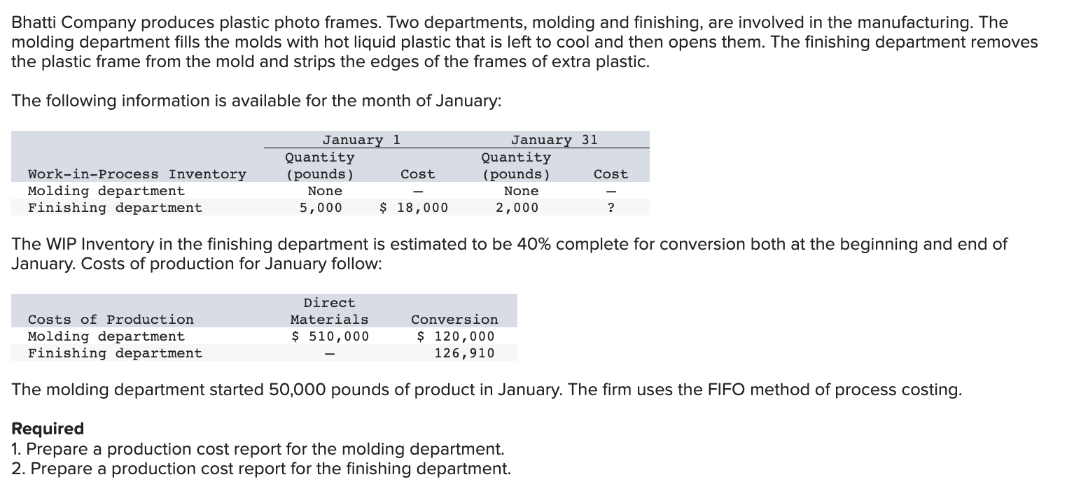 Solved Prepare a production cost report for the finishing | Chegg.com
