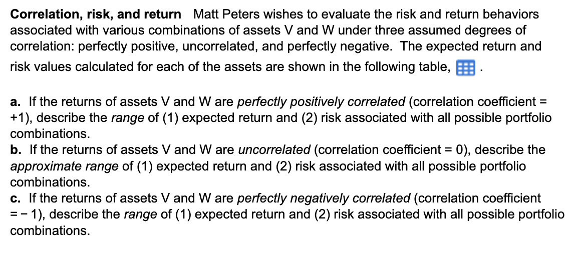 [Solved]: Correlation, risk, and return Matt Peters wishes