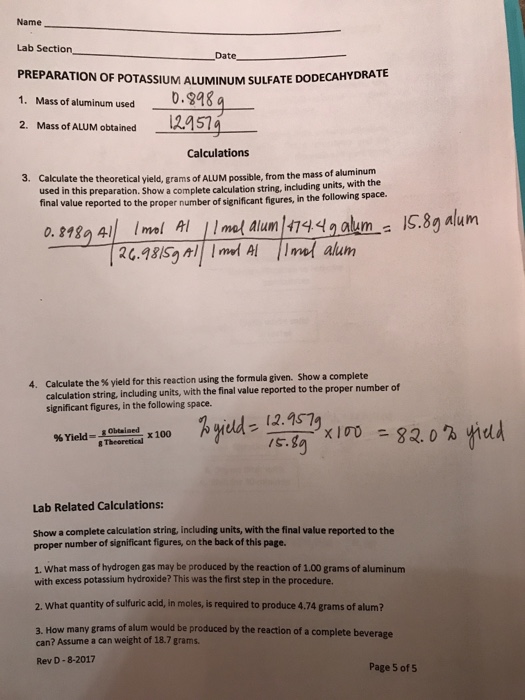 Solved Name Lab Section PREPARATION OF POTASSIUM ALUMINUM | Chegg.com