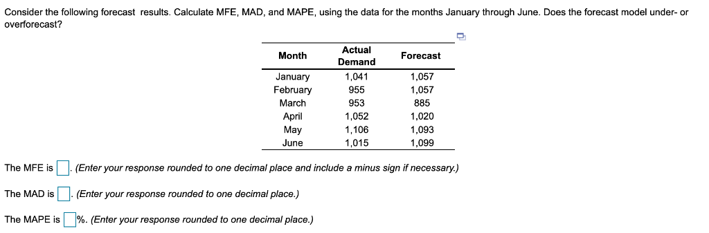 Solved Consider the following forecast results. Calculate | Chegg.com