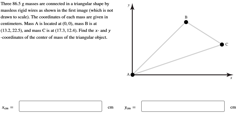 Solved Three 86.5 g masses are connected in a triangular | Chegg.com