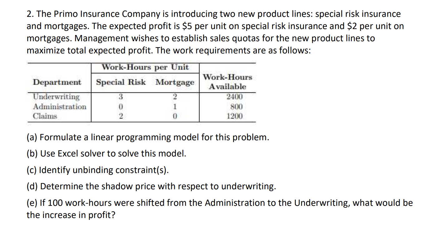 Solved 2. The Primo Insurance Company is introducing two new | Chegg.com