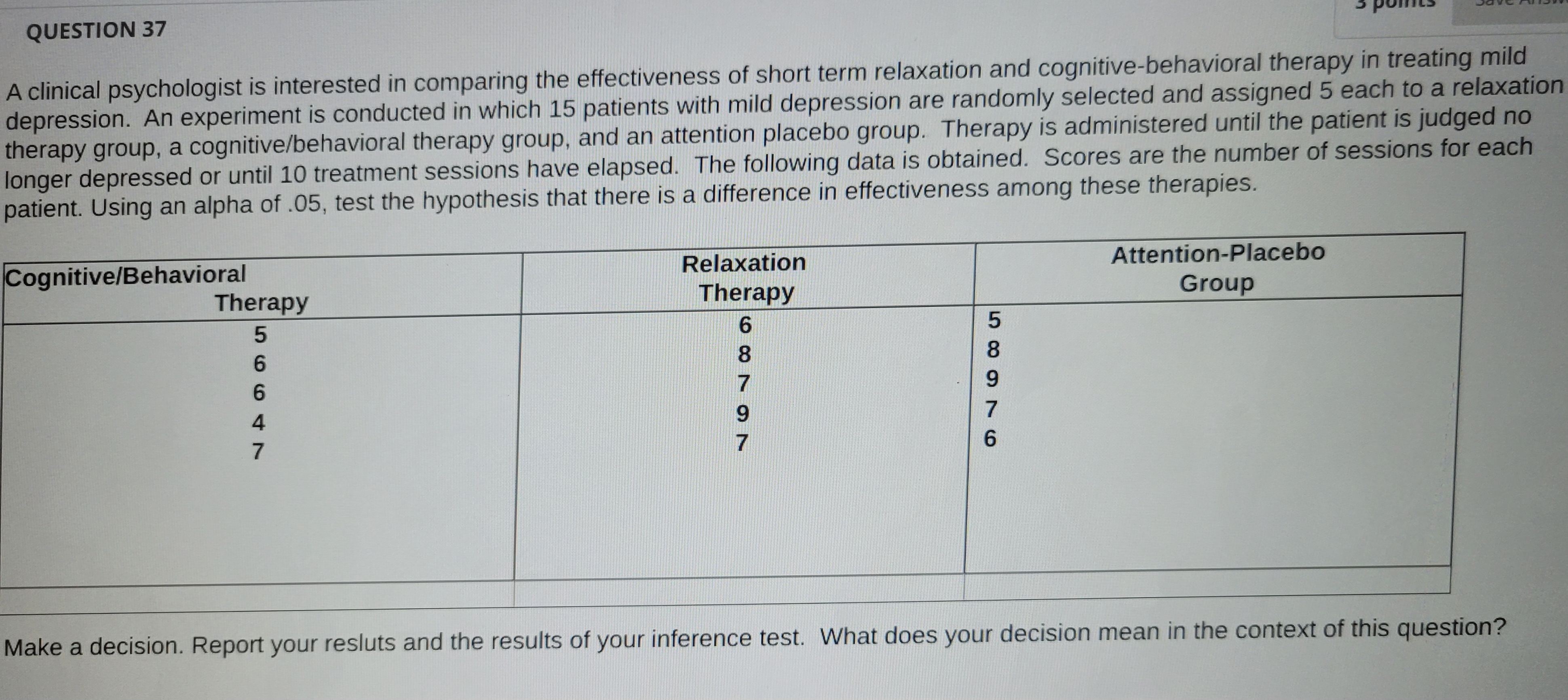 Solved A clinical psychologist is interested in comparing | Chegg.com
