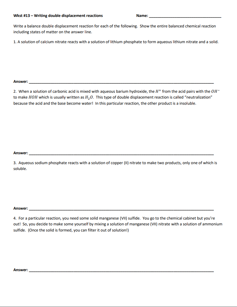 Solved Wkst #13 - Writing double displacement reactions | Chegg.com