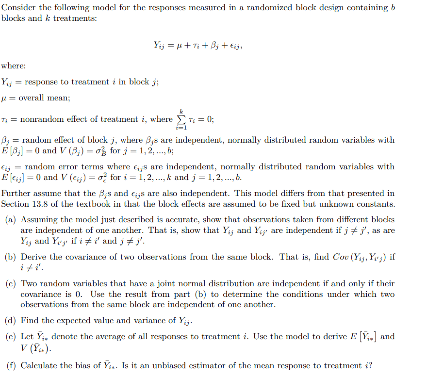 Solved Consider the following model for the responses | Chegg.com