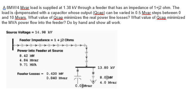 Solved 8MW/4 Mvar load is supplied at 1.38 kV through a | Chegg.com