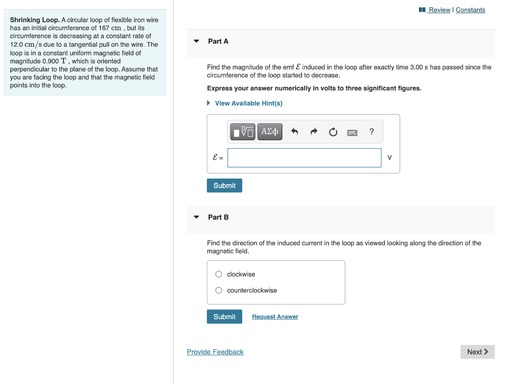 Solved Review Constants Part A Shrinking Loop. A circular | Chegg.com