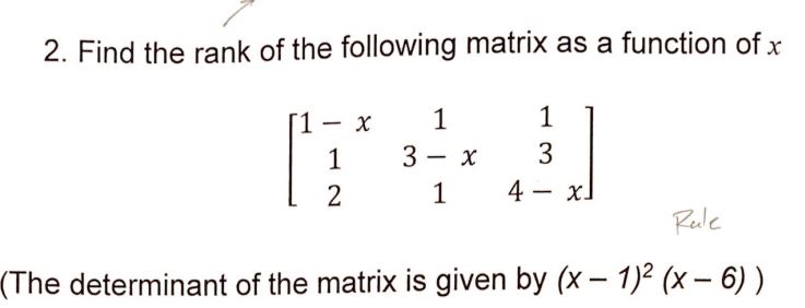 Solved Find the rank of the following matrix as a function | Chegg.com