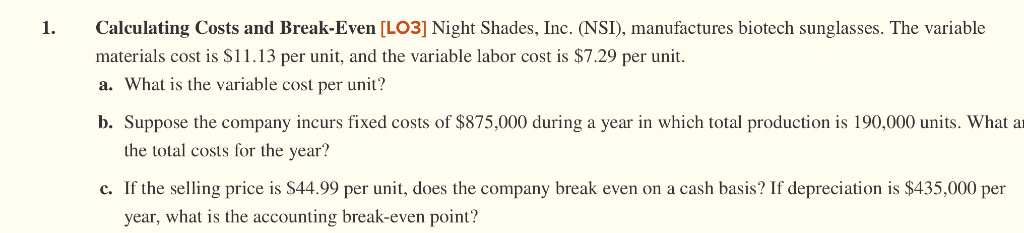 Solved 1 Calculating Costs and Break-Even [LO3] Night | Chegg.com