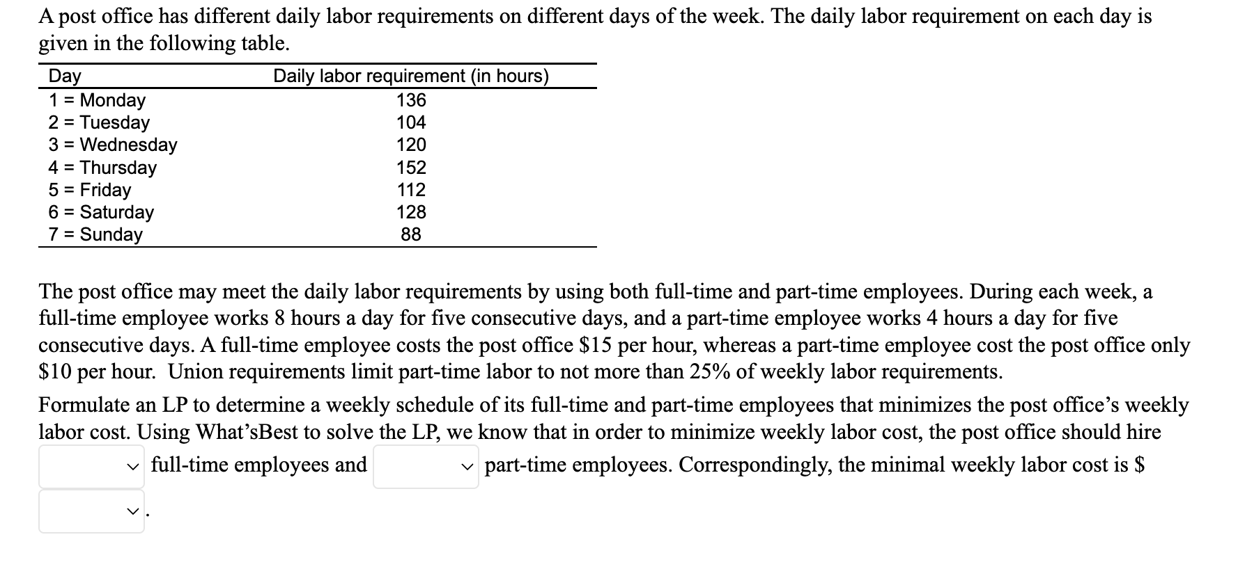 Solved A post office has different daily labor requirements | Chegg.com