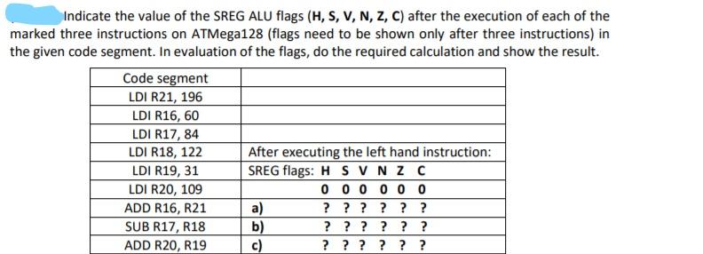 Solved Indicate the value of the SREG ALU flags (H, S, V, N, | Chegg.com