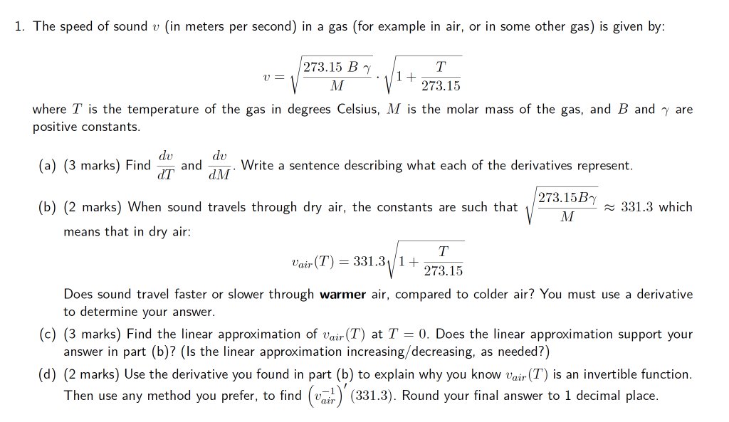 Solved The speed of sound v (in meters per second) in a gas | Chegg.com