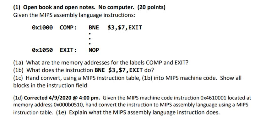 Solved Given the MIPS assembly language instructions: 0x1000 | Chegg.com