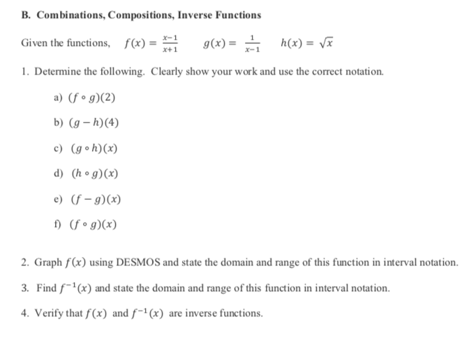 Solved B. Combinations, Compositions, Inverse Functions | Chegg.com