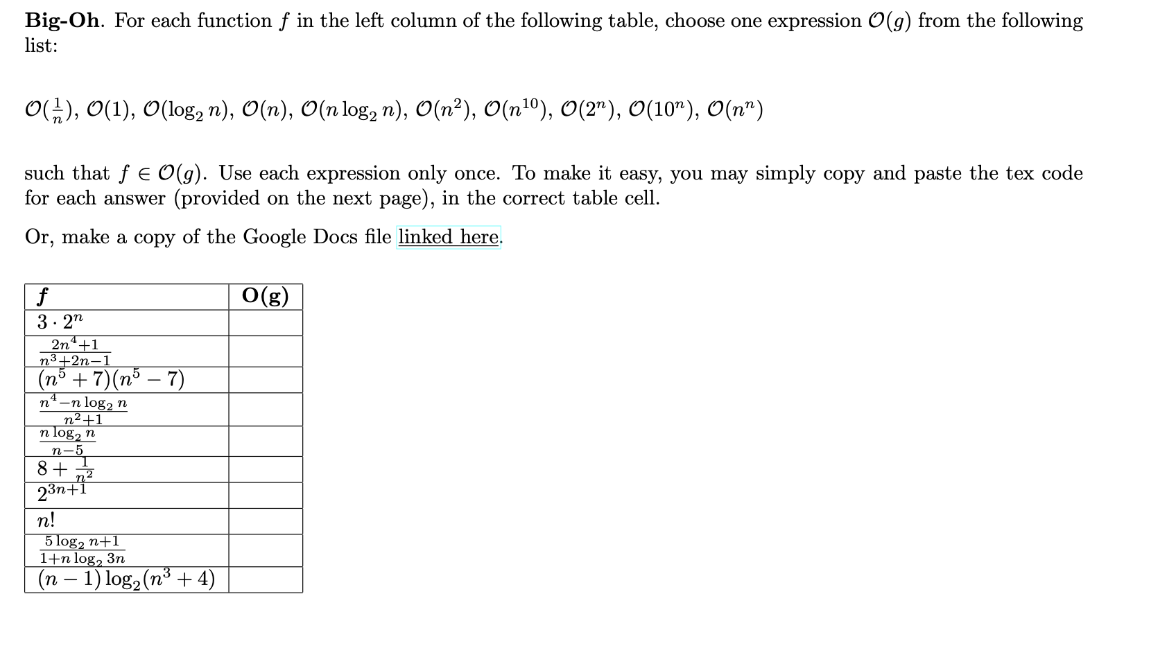 Solved Big-Oh. For each function f in the left column of the | Chegg.com