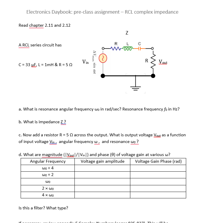 Solved Electronics Daybook: pre-class assignment - ﻿RCL | Chegg.com