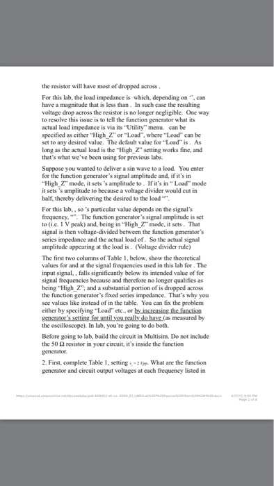 Solved Spring Lab 7 Passive Filters & Entrets Loading Prelab | Chegg.com