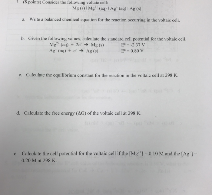 Solved 1. (8 points) Consider the following voltaic cell: Mg | Chegg.com