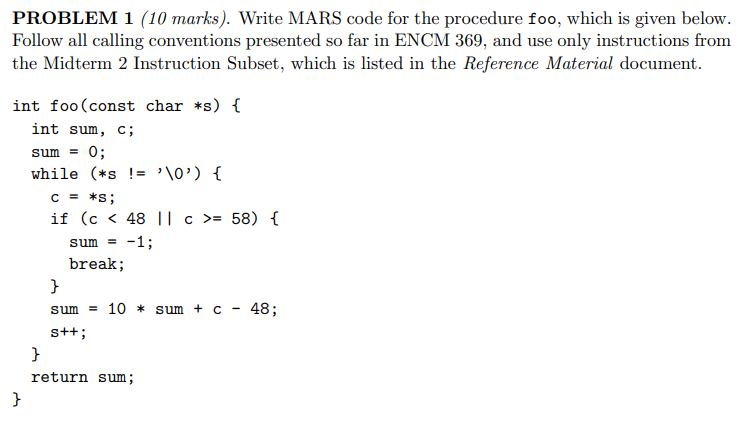 Solved PROBLEM 1 (10 marks). Write MARS code for the | Chegg.com