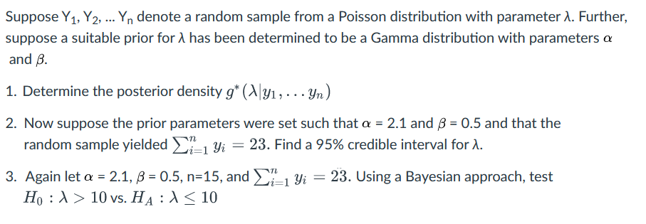 Solved Suppose Y1, Y2, ... Yn denote a random sample from a | Chegg.com