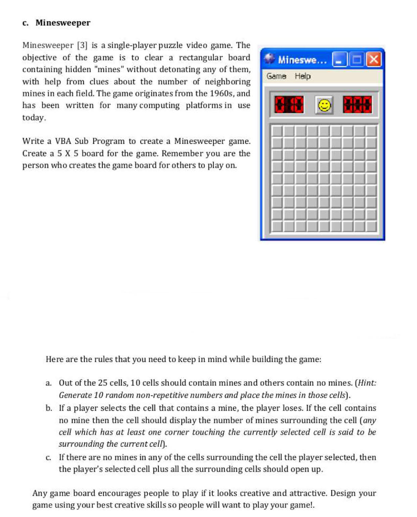 Solved c. Minesweeper Minesweeper [3 is a single-player | Chegg.com