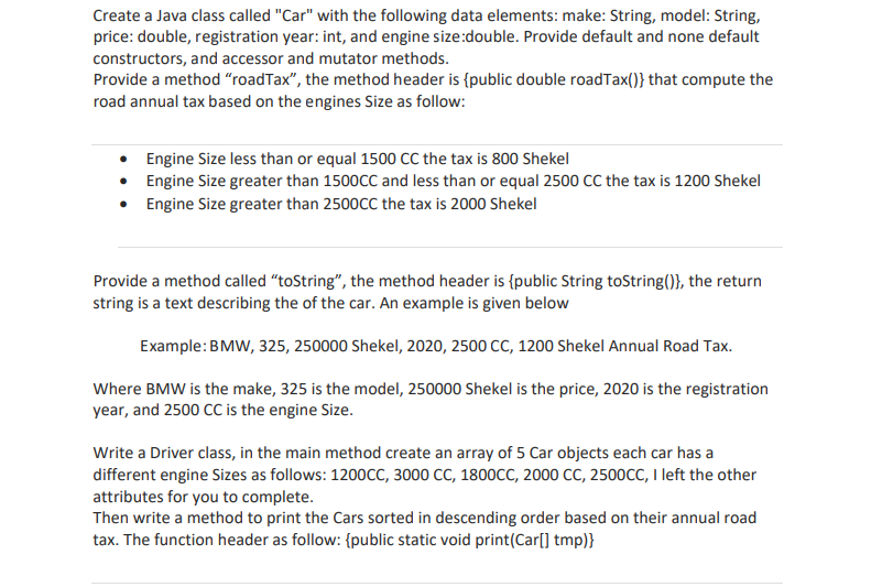 Solved Create a Java class called "Car" with the following | Chegg.com