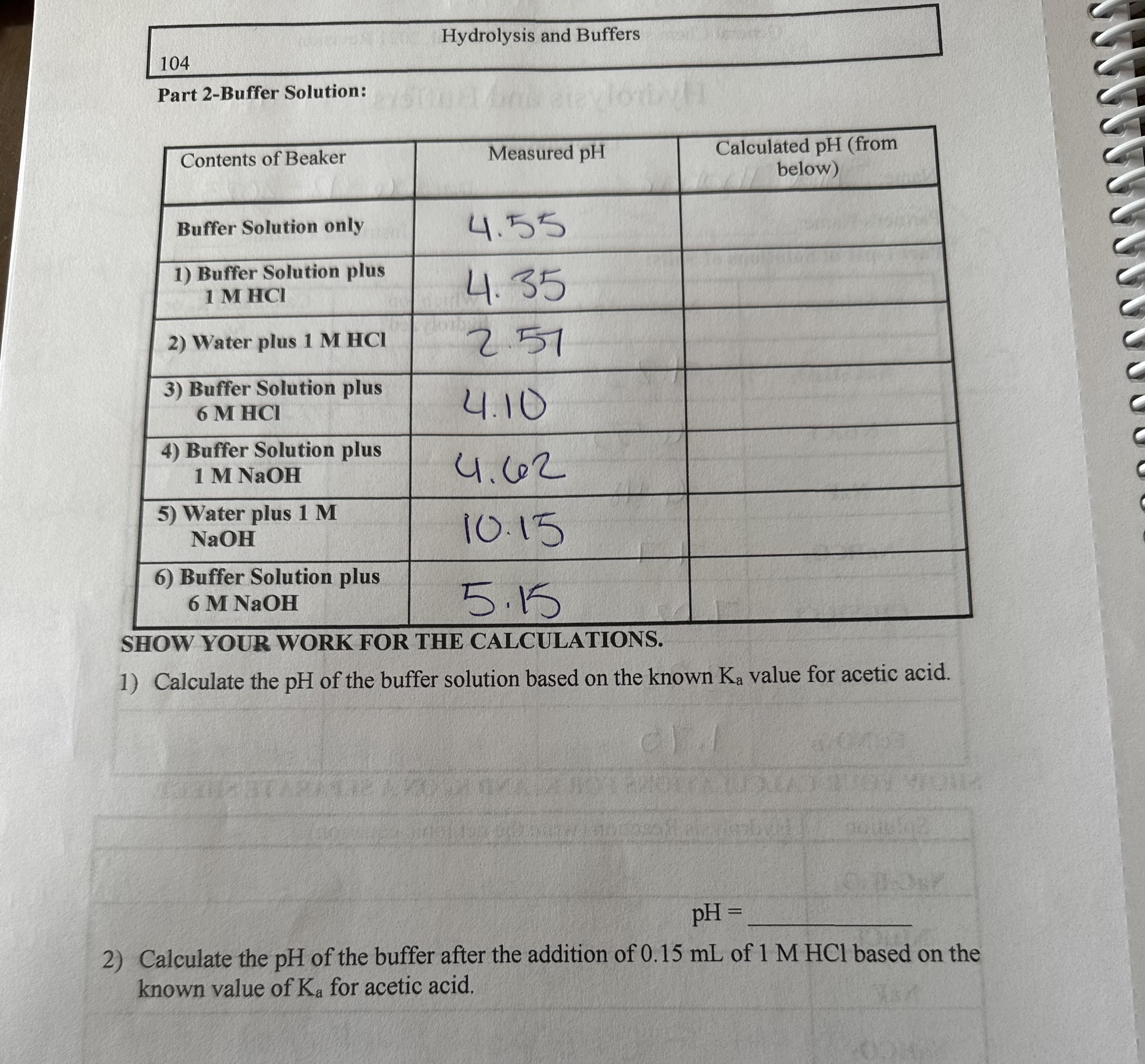 Solved Part 2-Buffer Solution: SHOW YOUR WORK FOR THE | Chegg.com