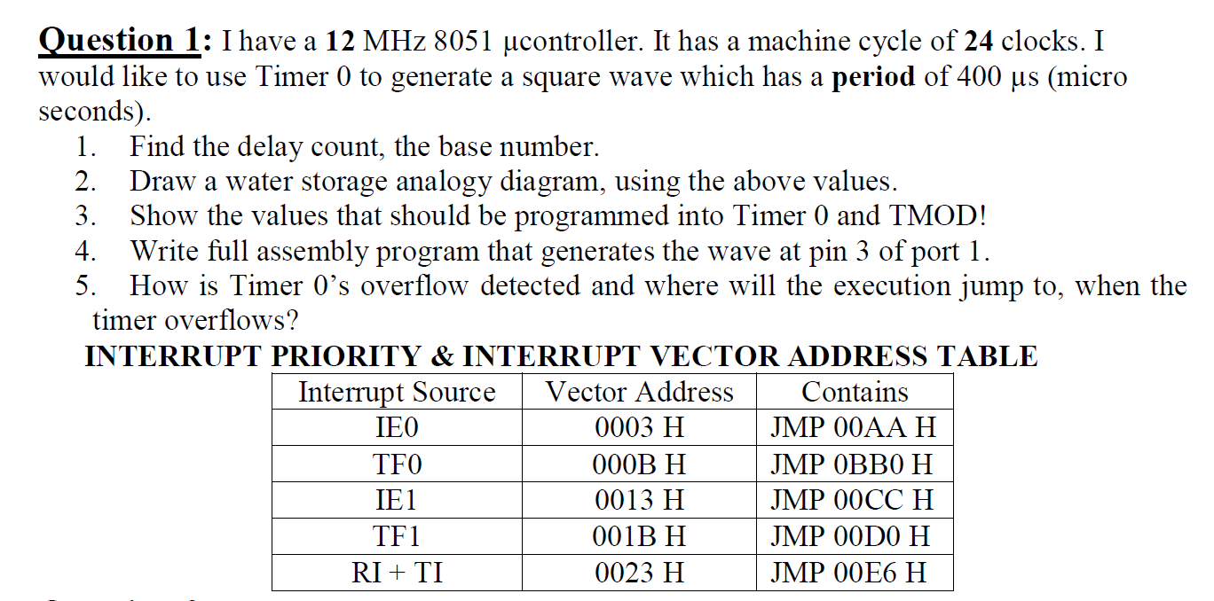Question 1: I have a 12 MHz 8051 ucontroller. It has | Chegg.com