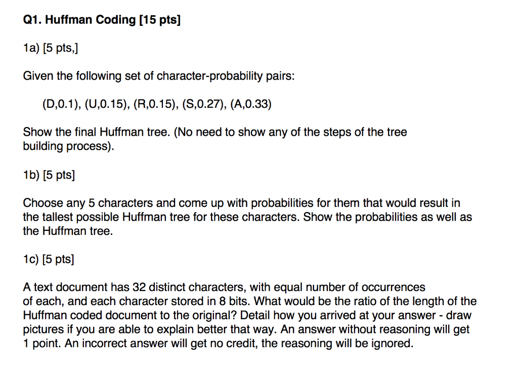 Solved Q1. Huffman Coding (15 pts] 1a) [5 pts,] Given the | Chegg.com