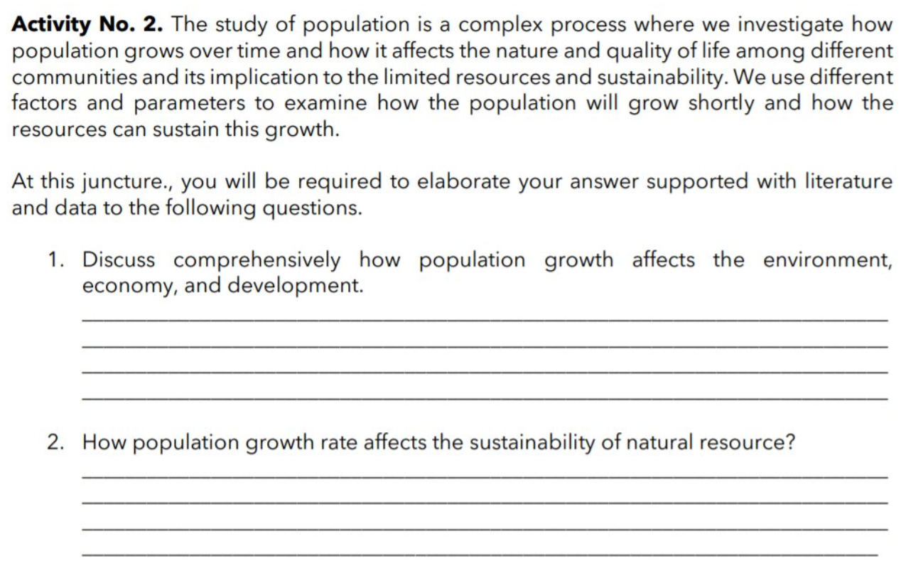 Solved Activity No. 2. The study of population is a complex | Chegg.com