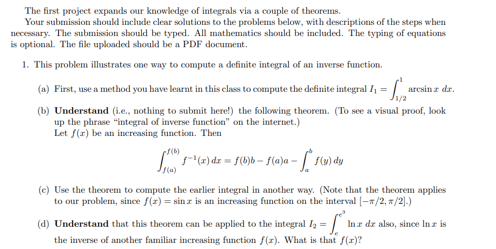 The first project expands our knowledge of integrals | Chegg.com