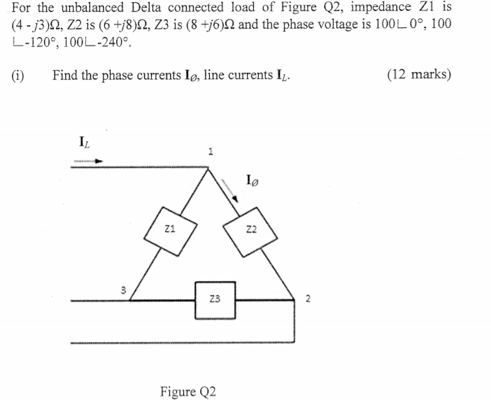 Solved For the unbalanced Delta connected load of Figure Q2, | Chegg.com