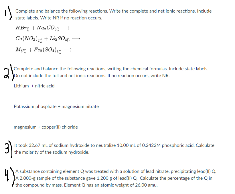Solved Complete and balance the following reactions. Write | Chegg.com