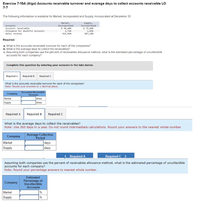 Solved Exercise 7-16A (Algo) ﻿Accounts receivable turnover | Chegg.com