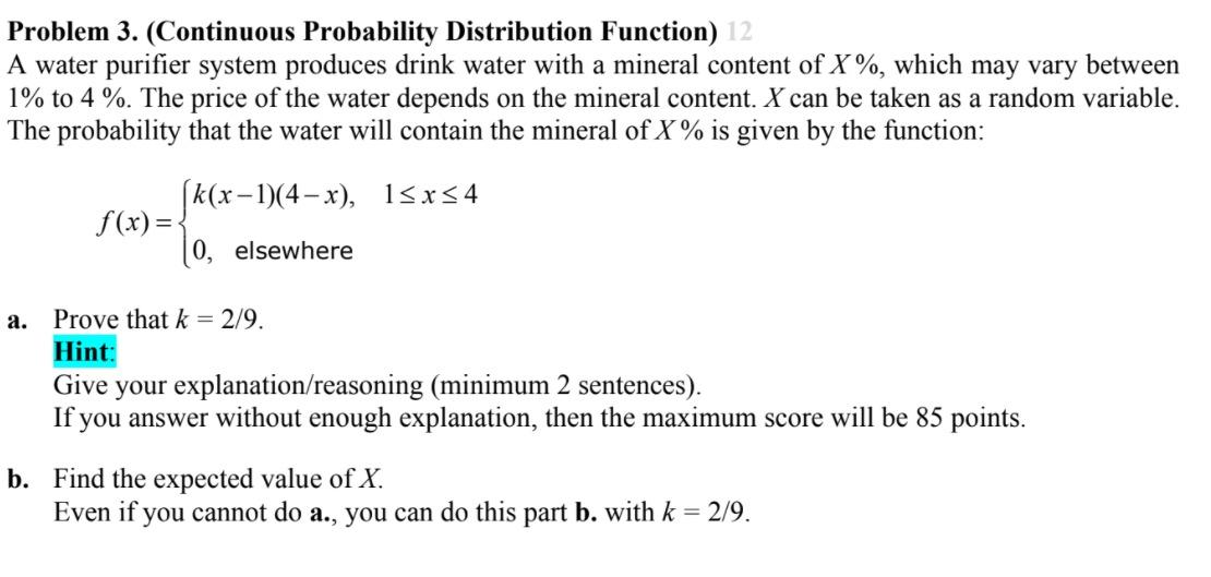 Solved Problem 3. (Continuous Probability Distribution | Chegg.com