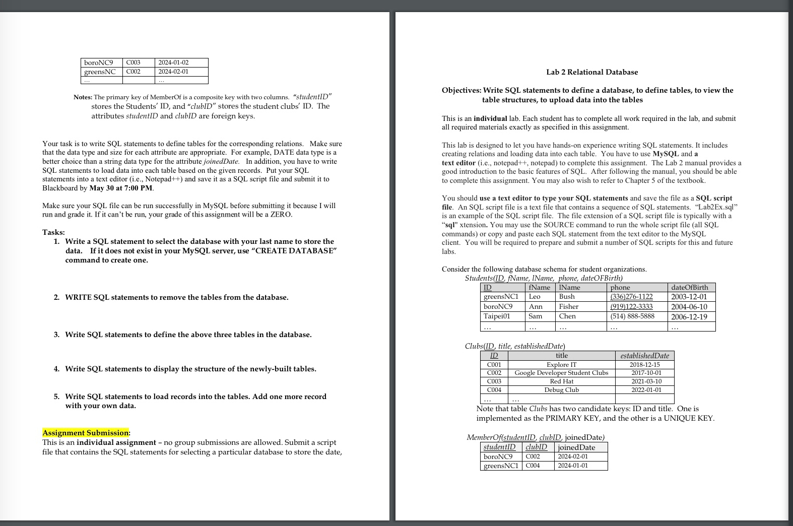Solved Lab 2 ﻿Relational Database defining tables, viewing | Chegg.com