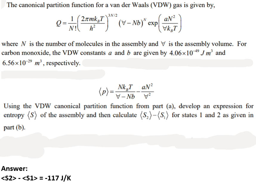 Solved 3N/2 The canonical partition function for a van der | Chegg.com