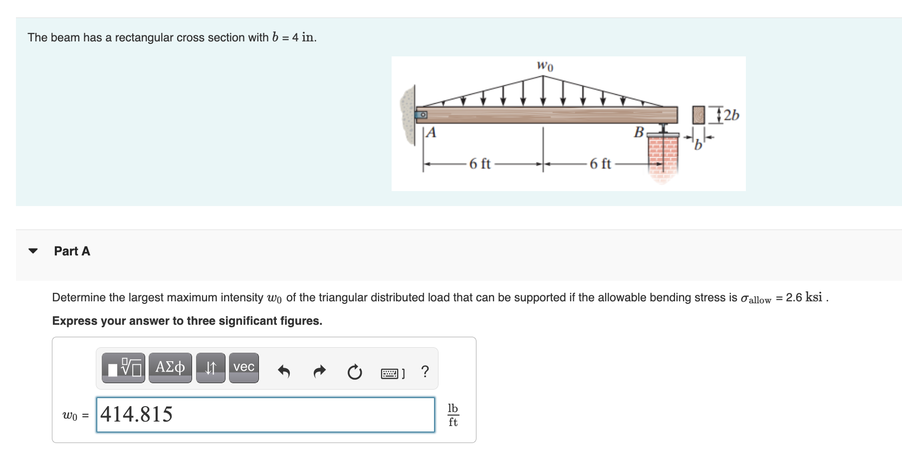 Solved The beam has a rectangular cross section with b = 4 | Chegg.com