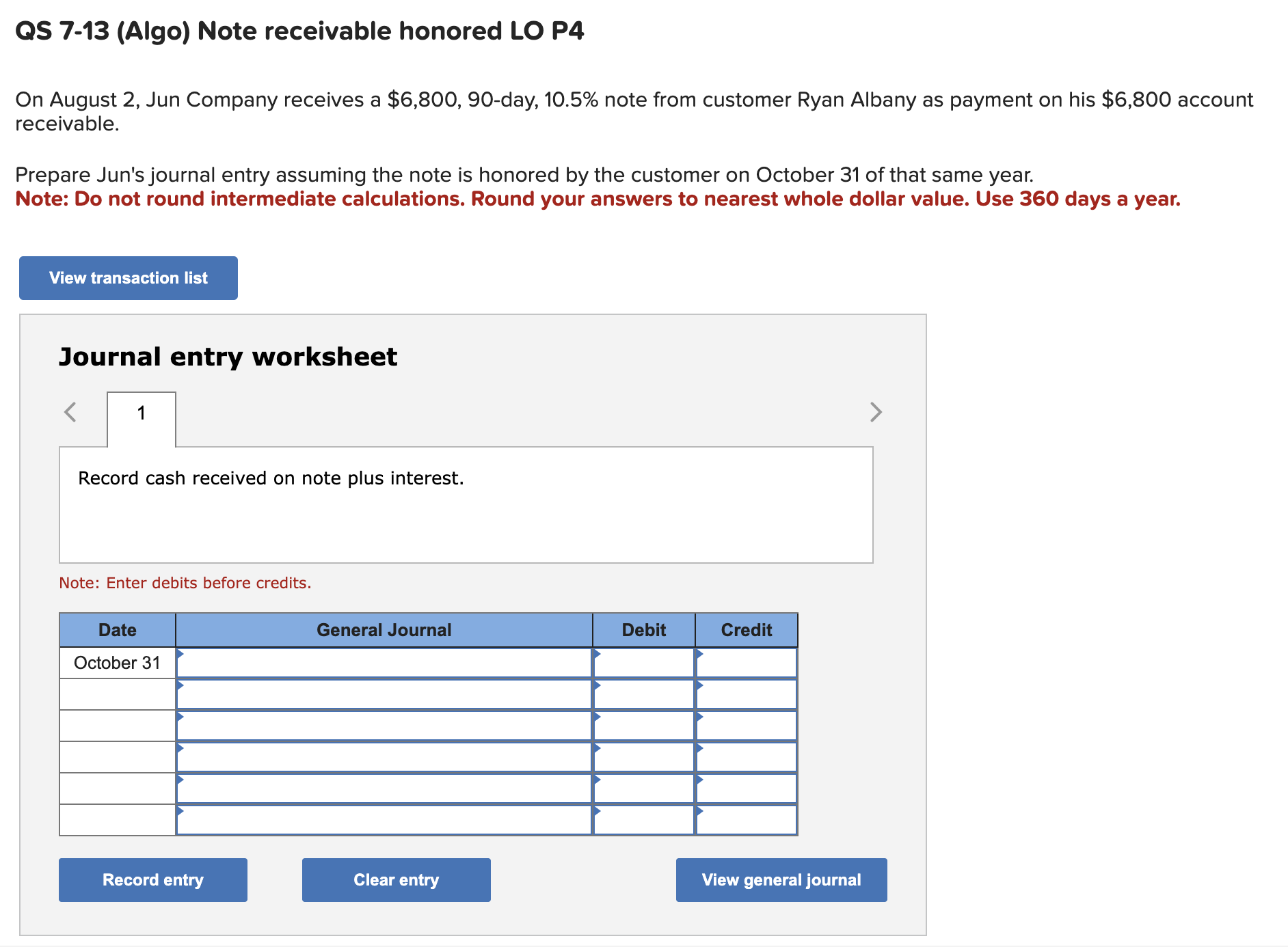 Solved QS 7-13 (Algo) ﻿Note receivable honored LO P4On | Chegg.com