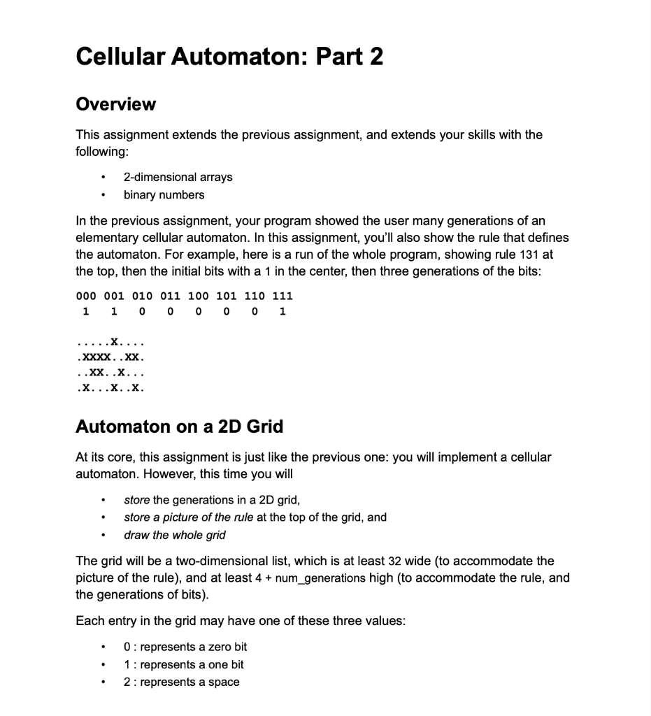 Solved Cellular Automaton: Part 2 Overview This assignment | Chegg.com