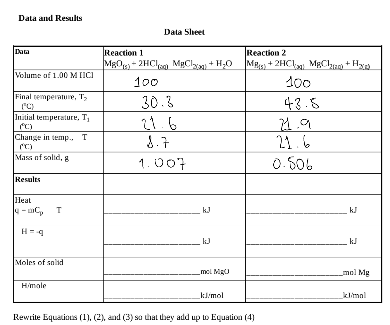 Data and Results Data Sheet Rewrite Equations (1), | Chegg.com