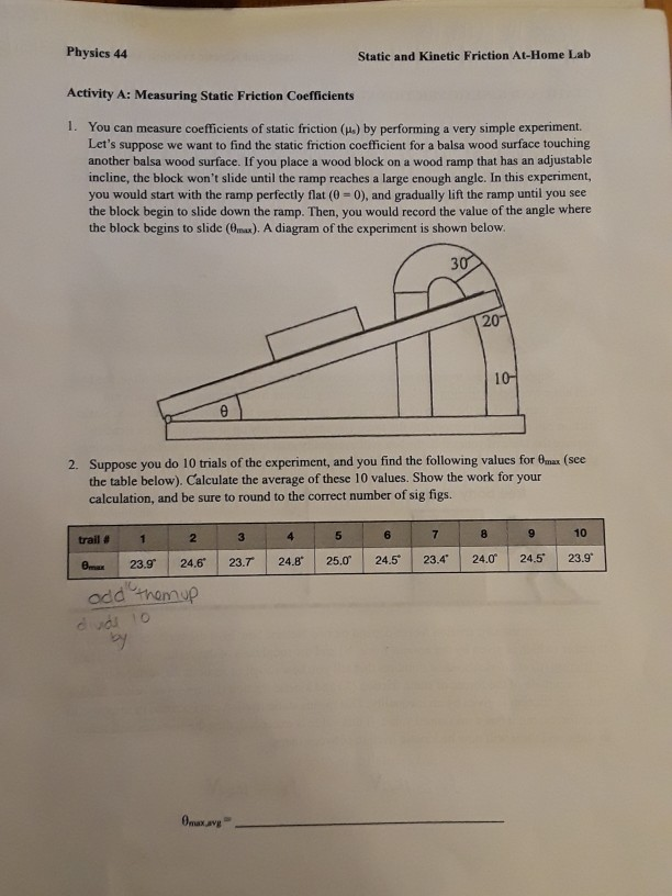 Solved Physics 44 Static and Kinetic Friction At-Home Lab | Chegg.com