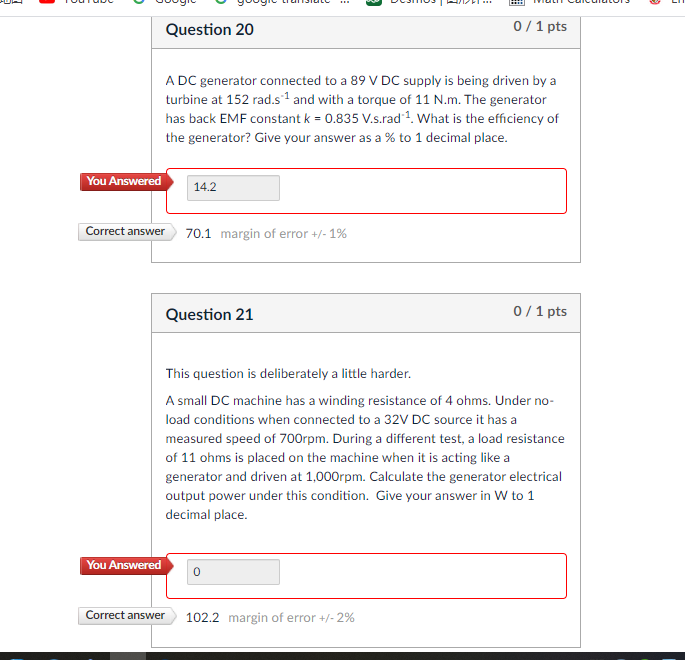 Solved Question 20 0/1 pts ADC generator connected to a 89 V | Chegg.com