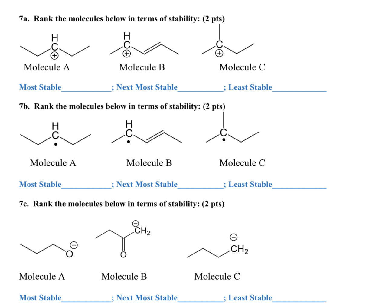 Solved 7a. ﻿Rank the molecules below in terms of stability: | Chegg.com