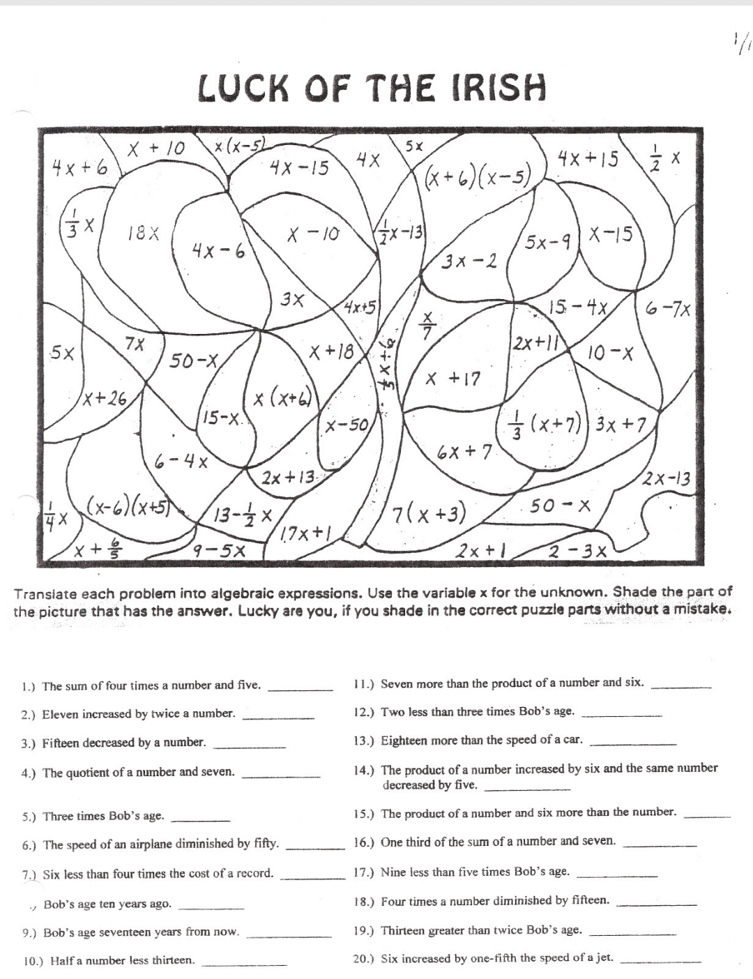 Solved UUCK OF THE IRISH Transiate each problem into | Chegg.com