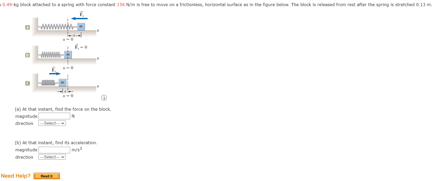 Solved 0.49-kg block attached to a spring with force | Chegg.com